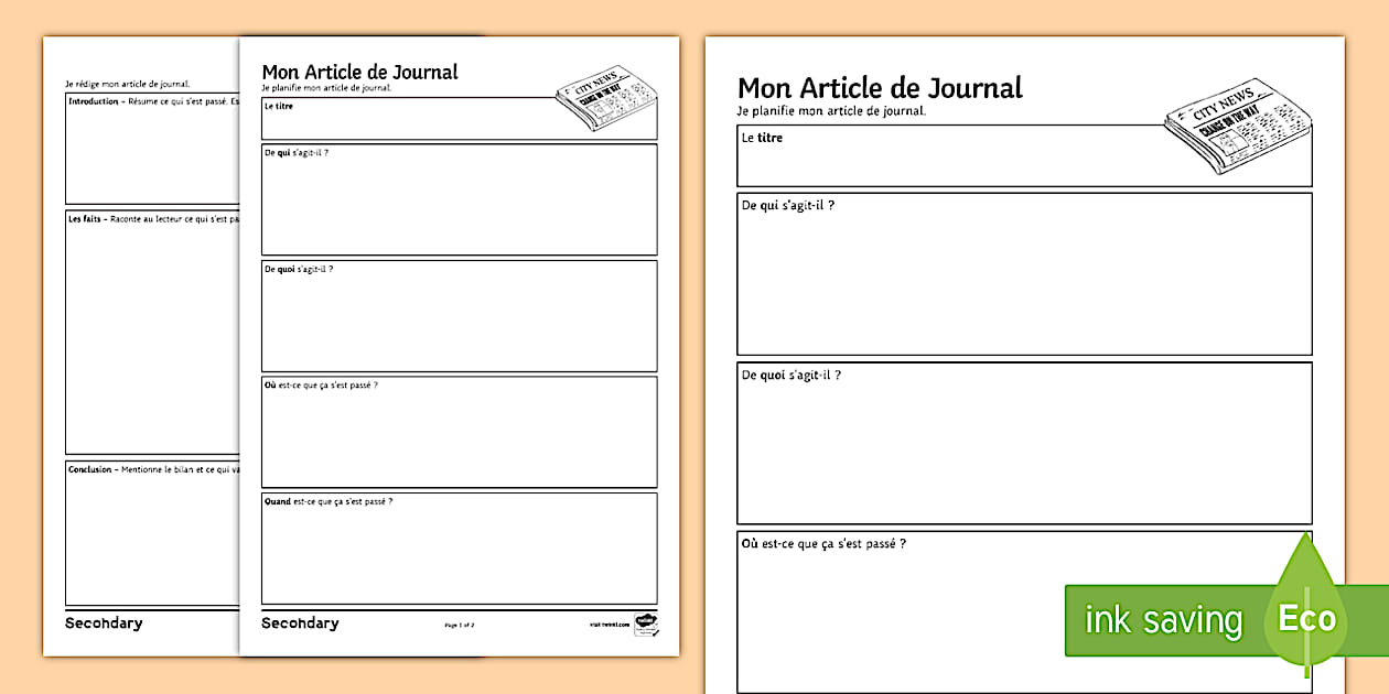 French Newspaper Article Planning and Writing Template