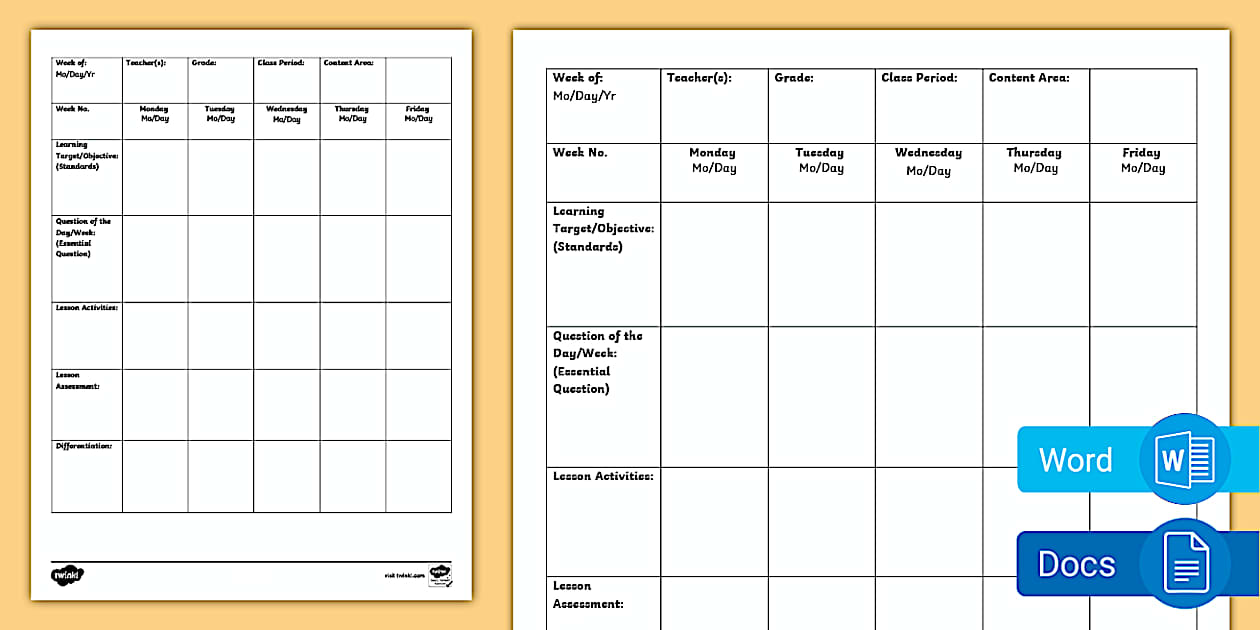 Editable Weekly Lesson Plan Template for 6th-8th Grade