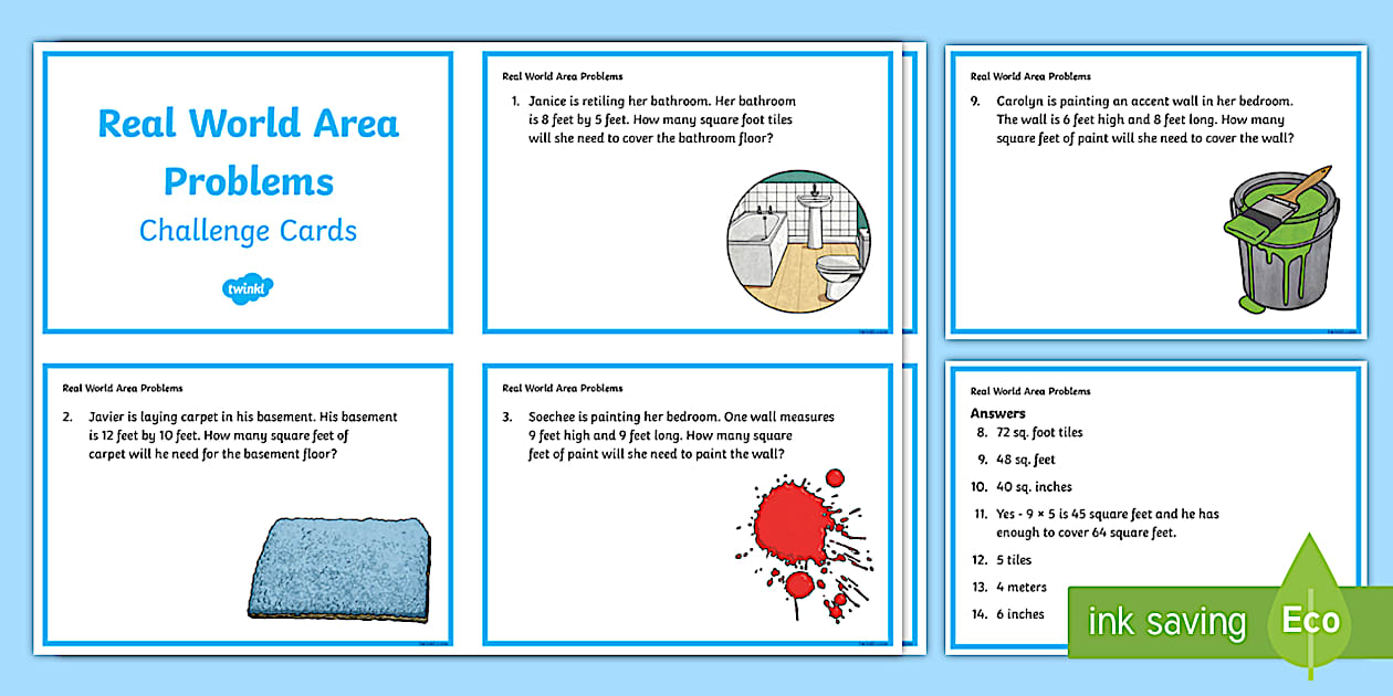 Real World Area Problems Challenge Cards for 3rd-5th Grade