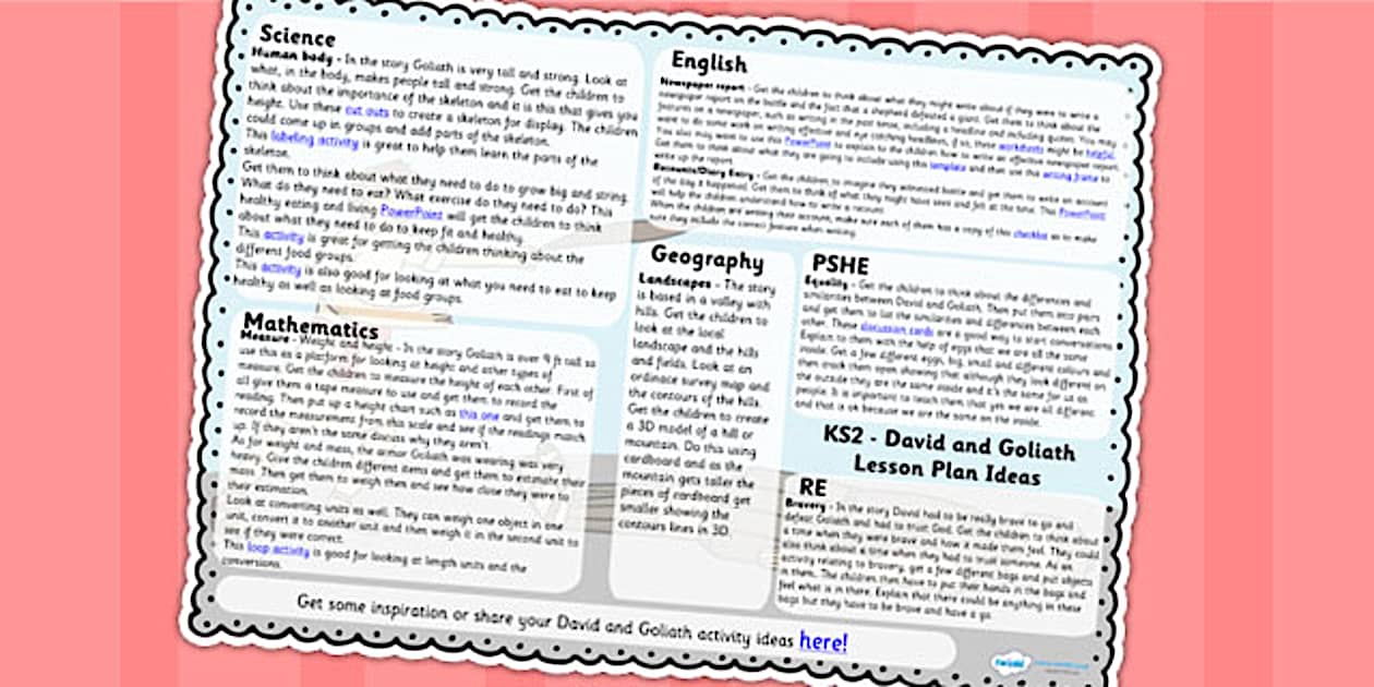 David and Goliath Lesson Plan Ideas KS2 (teacher made)