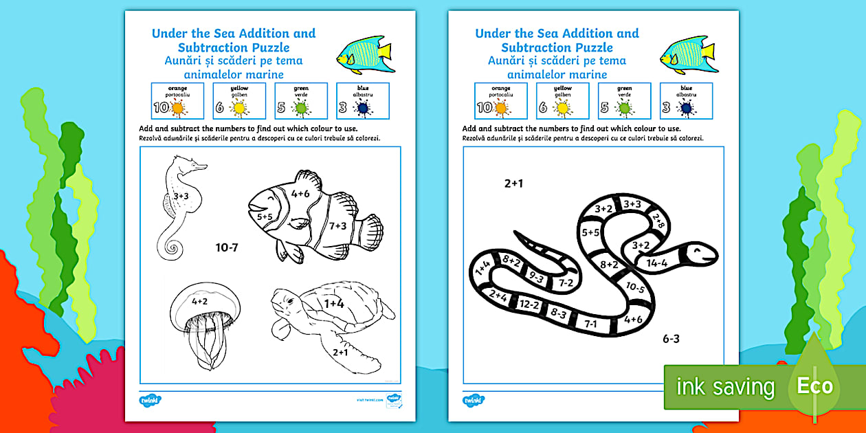 Under the Sea Themed 0-10 Addition and Subtraction Puzzle English ...