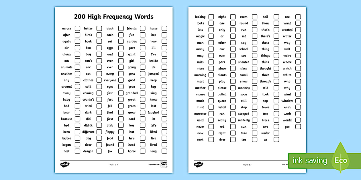 Editable 200 High Frequency Words Checklist (teacher made)