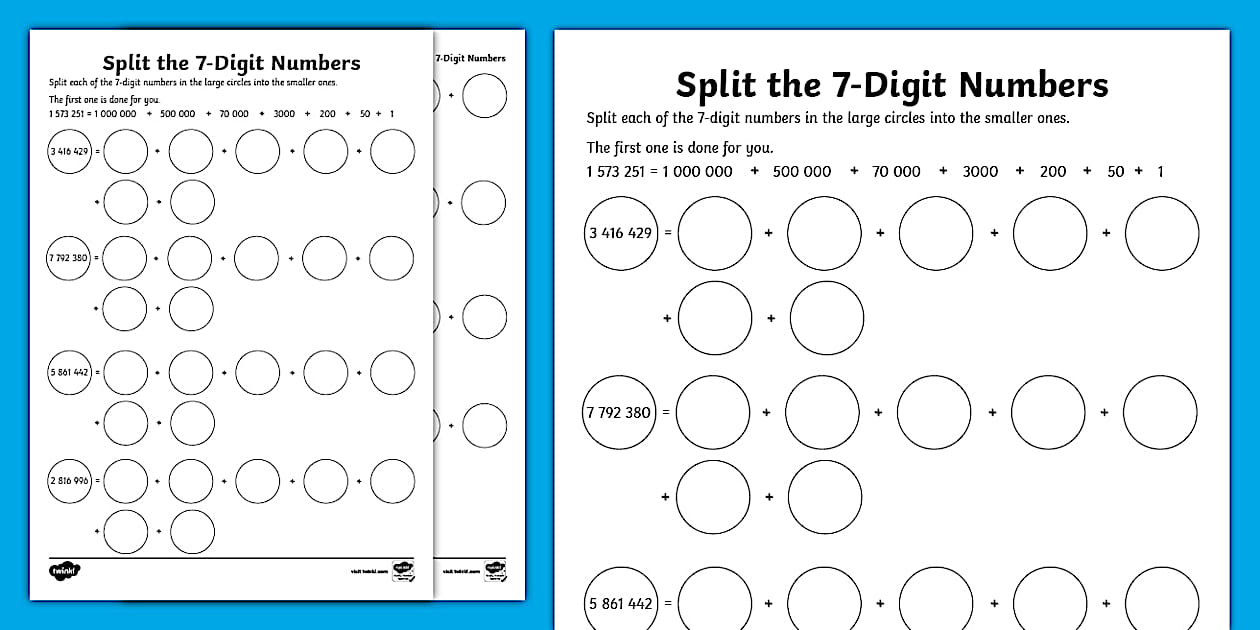 Split the 7-Digit Numbers Activity Sheet (teacher made)