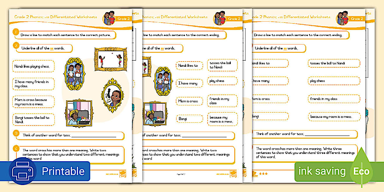 Grade 2 Phonics: -ss Differentiated Worksheets - Twinkl
