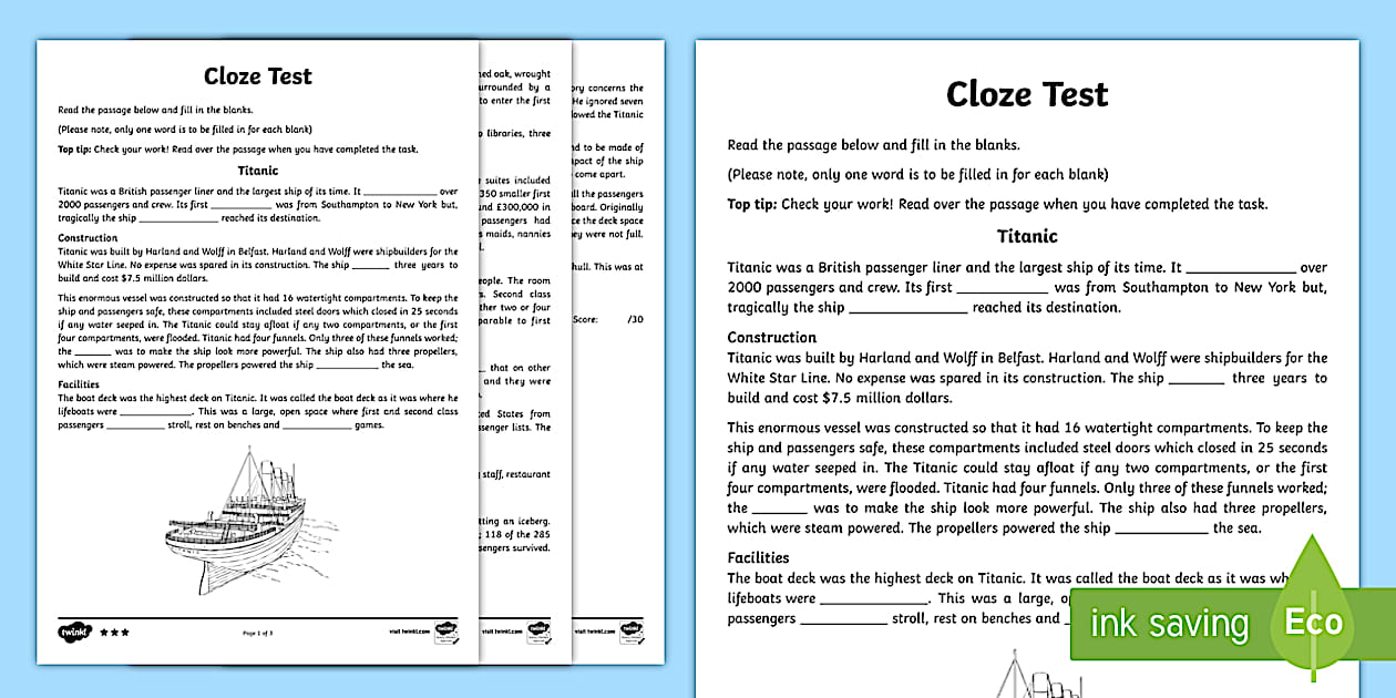 Titanic Themed Differentiated Cloze Worksheet / Worksheets