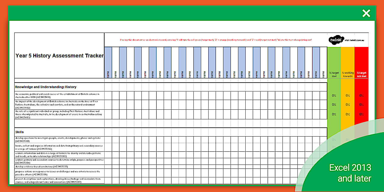 Australian Curriculum Year 5 History Assessment Tracker