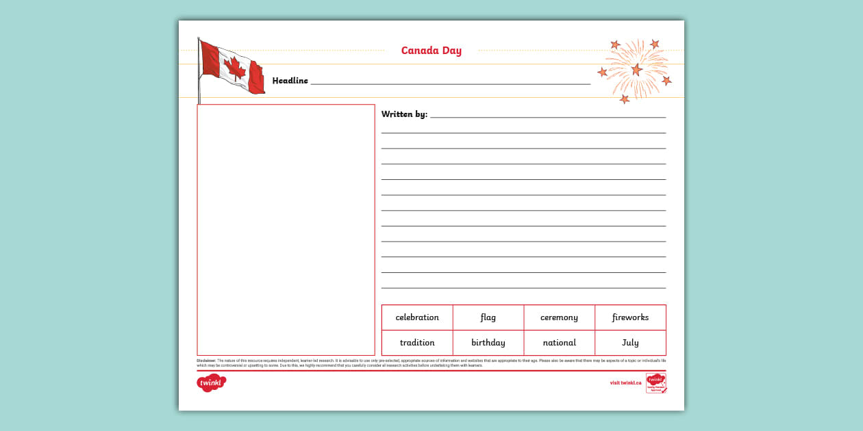 Canada Day Newspaper Writing Template (teacher made)