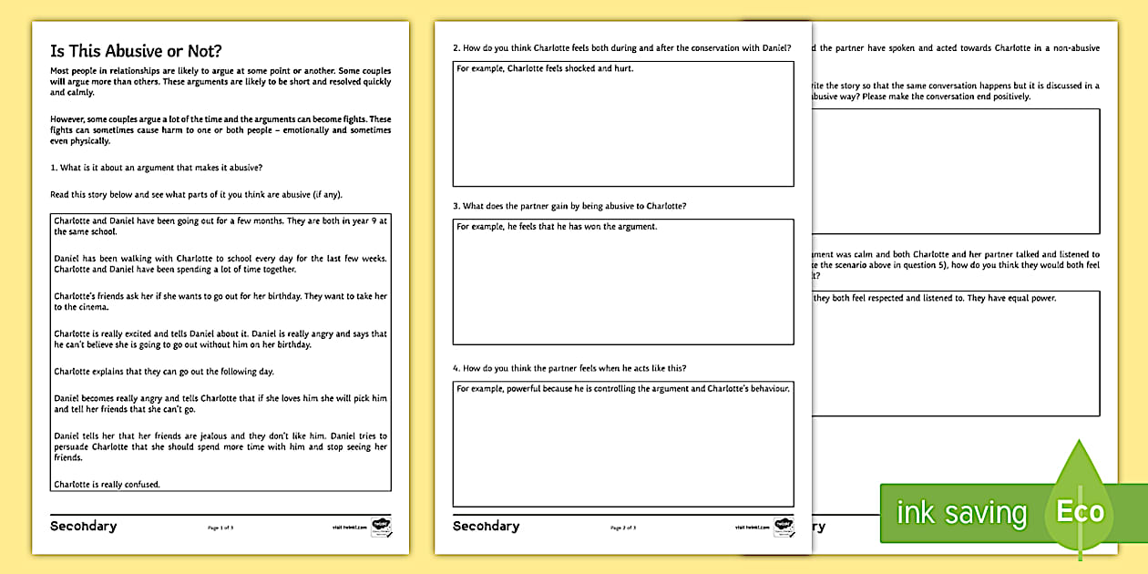 KS3 Emotional - Is This Abusive or Not? Worksheet - Twinkl