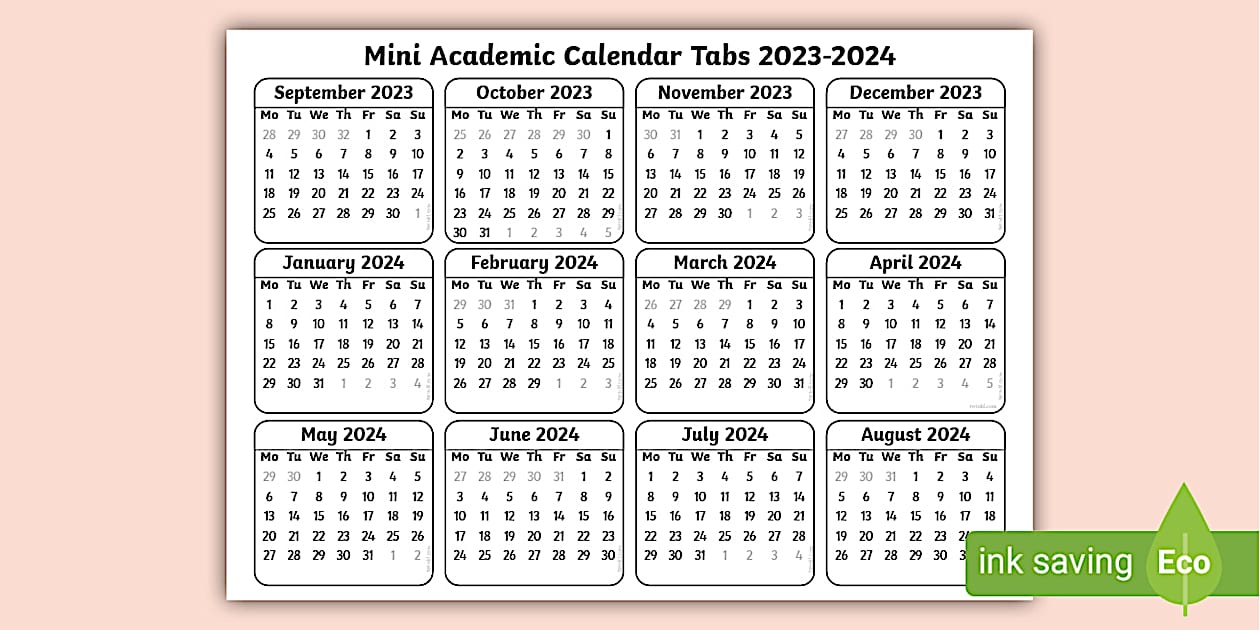 Editable Mini Academic Tabs 2023 2024 Calendar - Twinkl