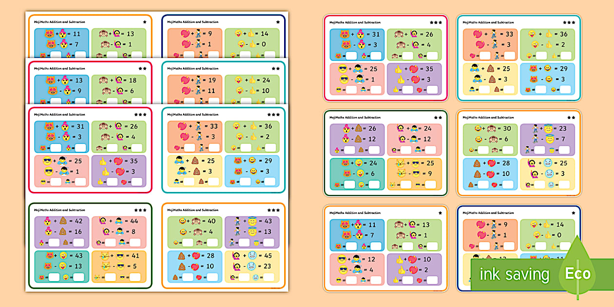 😊 KS1 MojiMaths Addition and Subtraction Differentiated Challenge Cards