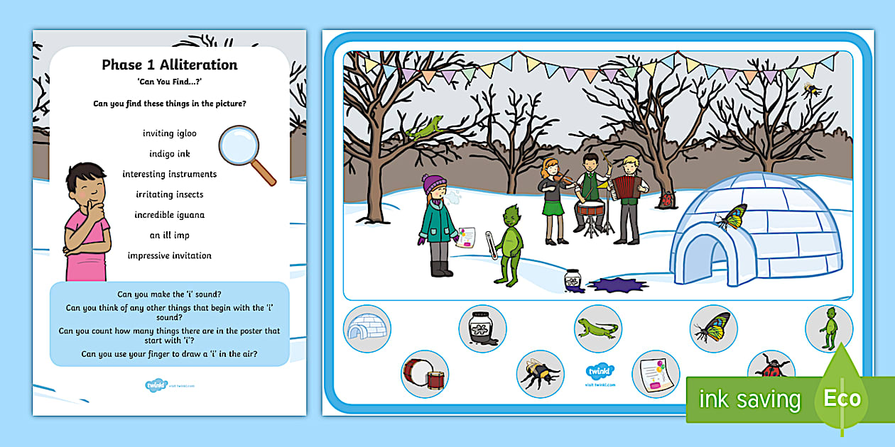 Phase 1 Phonics: Alliteration 'i' Can You Find...? Poster and Prompt Card