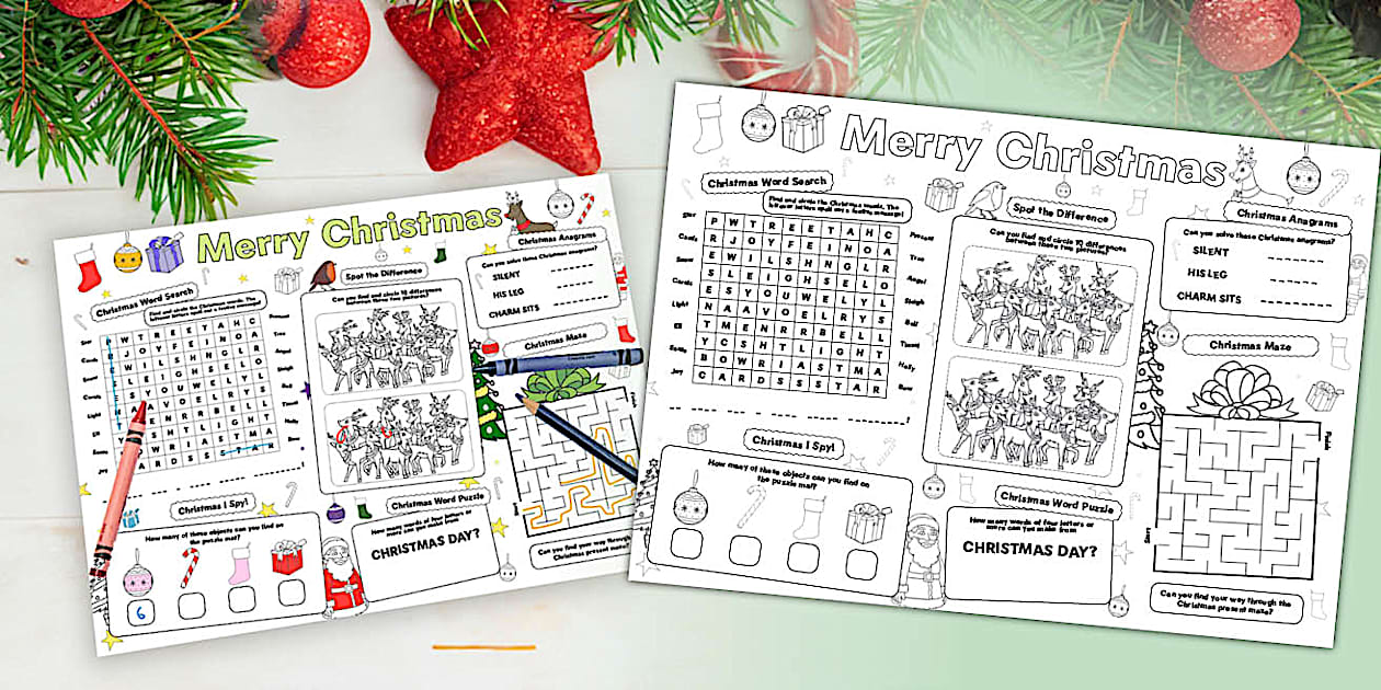 Christmas Puzzles and Colouring Mat - Twinkl Party - Twinkl