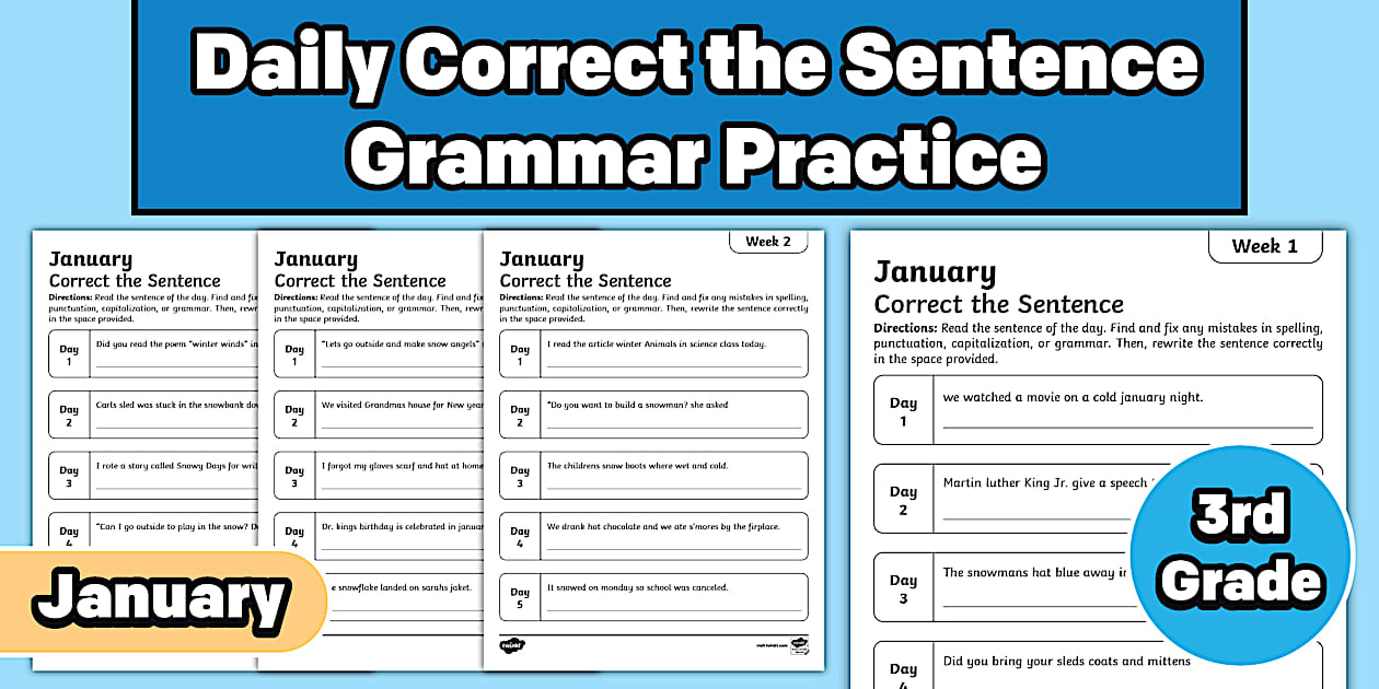 Third Grade January Daily Correct the Sentence Grammar