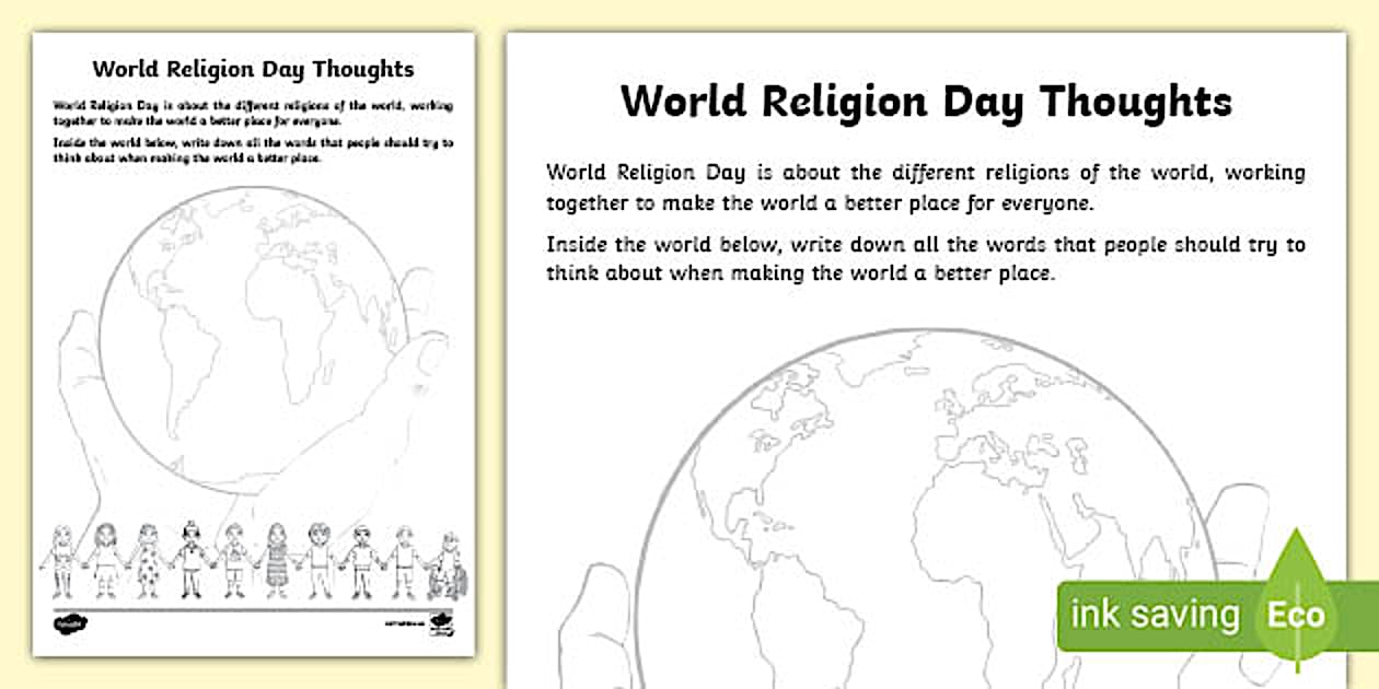 Cursive World Religion Day Thoughts Worksheet - Twinkl