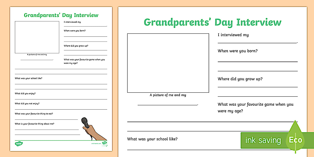 Black and White Grandparent Interview Worksheet - Twinkl