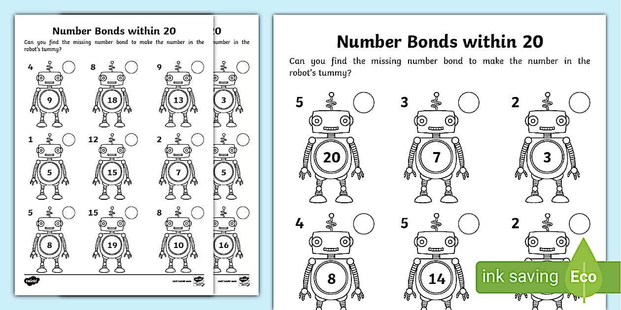 Editable Number Bonds within 20 on Robots Worksheet - Twinkl