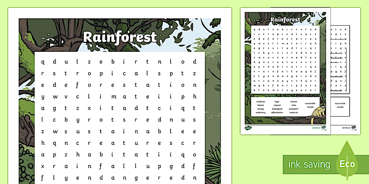 Black and White Rainforest Word Search (teacher made)