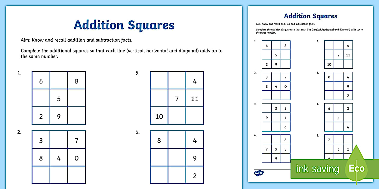 Addition Squares Worksheet | Teaching Resources - Twinkl