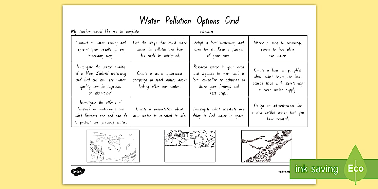 Water Pollution Topic Grid Activity (teacher made) - Twinkl