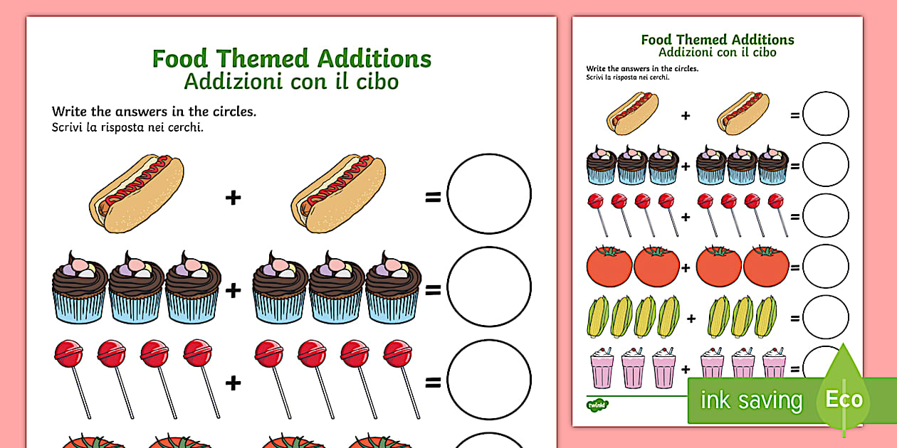Food Themed Addition Sheet English/Italian - Food Themed Addition Sheet