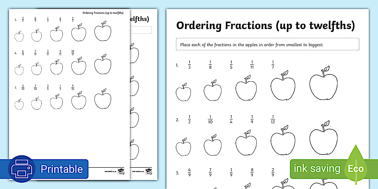 Ordering Fractions (up to twelfths) Activity Sheet - Twinkl