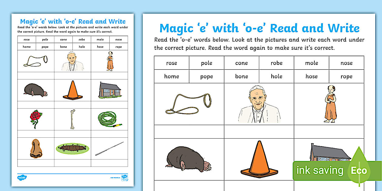 Magic e with 'o-e' Read and Write Worksheet (teacher made)