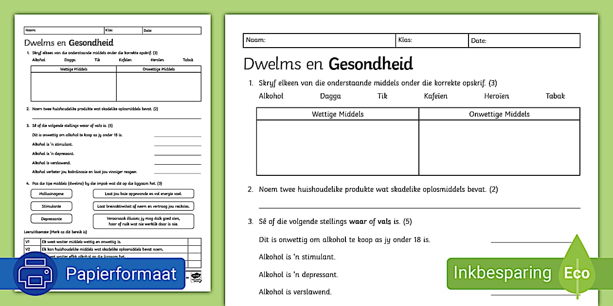 Dwelms en Gesondheid Huiswerk Aktiwiteit (teacher made)