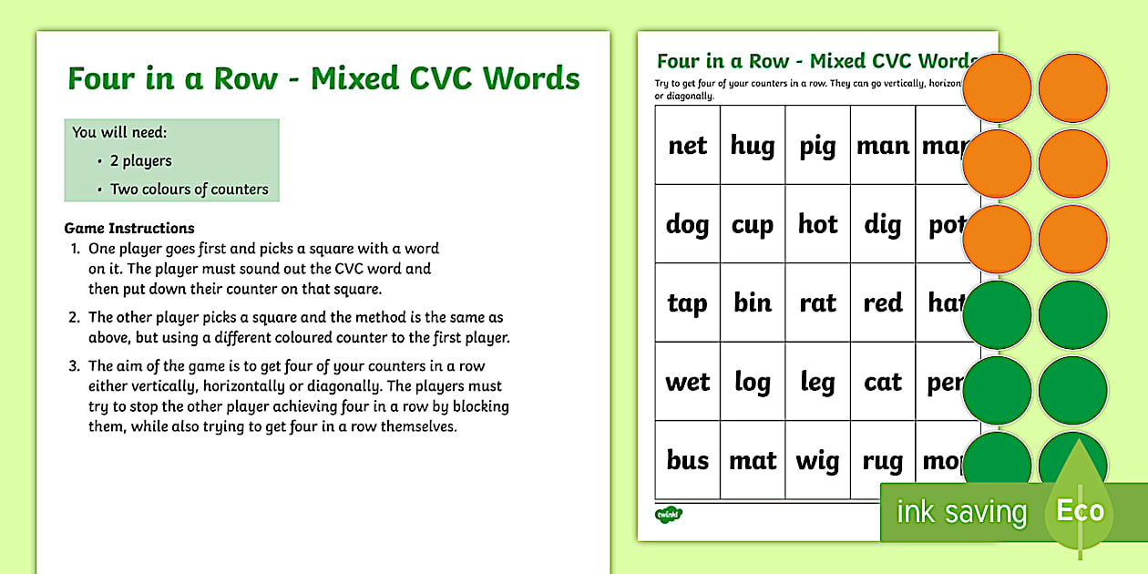 Four in a Row Mixed CVC Words Game (Teacher-Made) - Twinkl