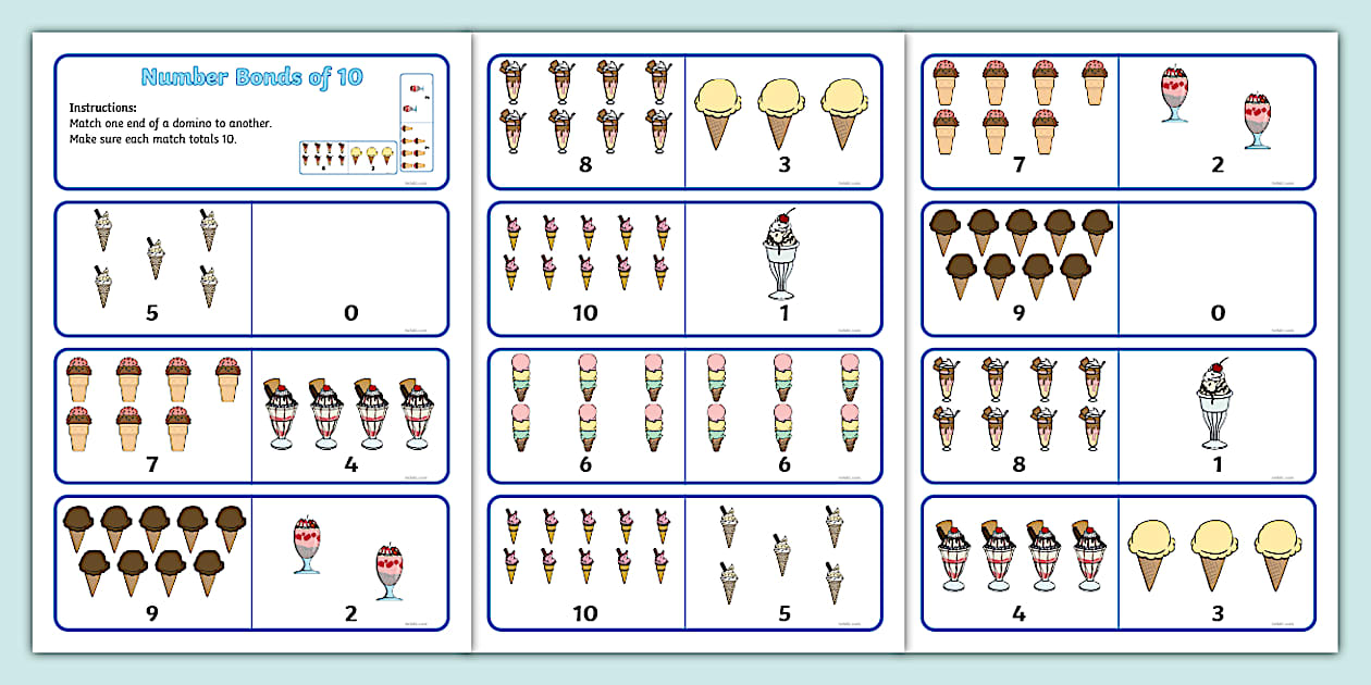 Ice Cream Number Bonds of 10 Dominoes - Twinkl - KS1