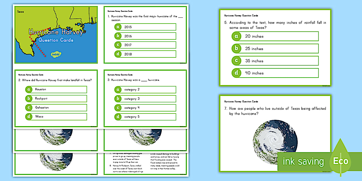 Hurricane Harvey Comprehension Question Cards (Teacher-Made)