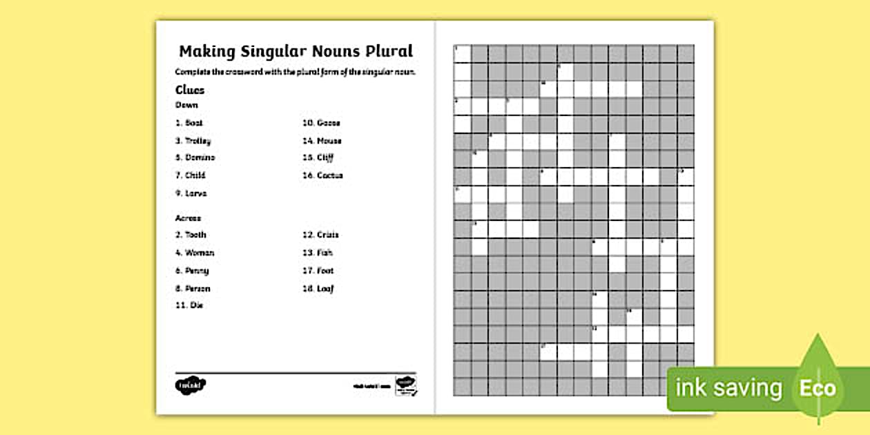 Making Singular Nouns Plural Crossword - Twinkl