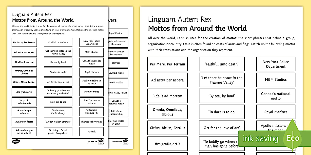 Mottos from Around the World Worksheet / Worksheet - Twinkl