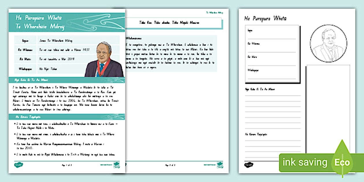 A fact file in Te Reo Māori about Te Wharehuia Milroy.