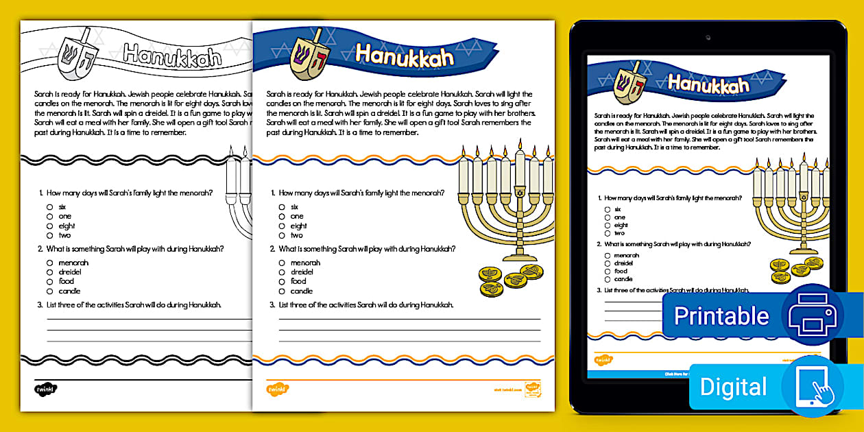Kindergarten Hanukkah Reading Passage Comprehension Activity Worksheet