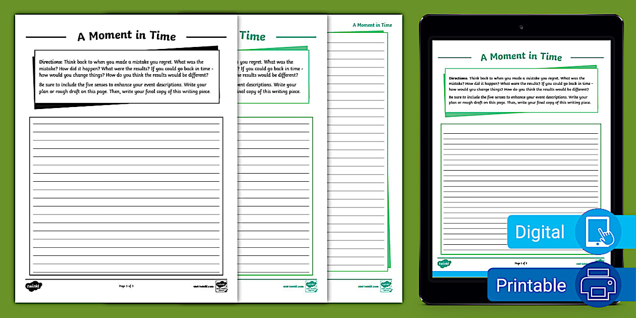 A Moment in Time Writing Worksheet 6th-8th Grade