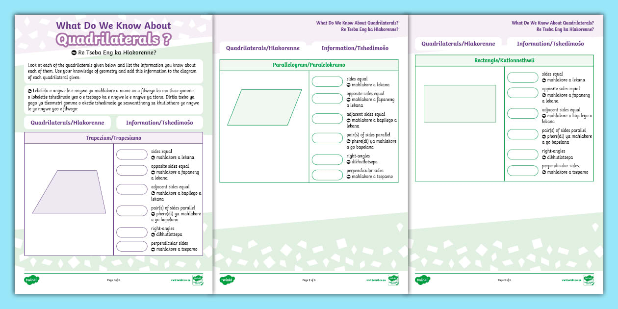 What Do We Know about Quadrilaterals? Activity Sheet Sepedi