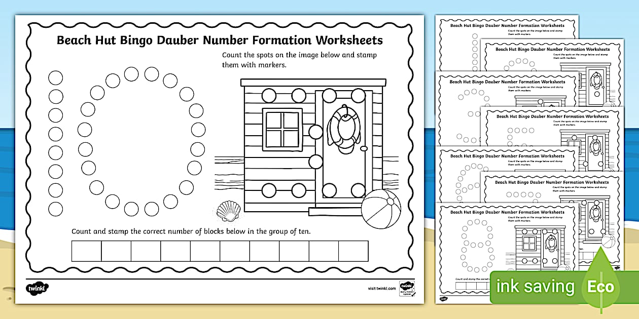 Beach Hut Bingo Dauber Number Formation Worksheets - Twinkl