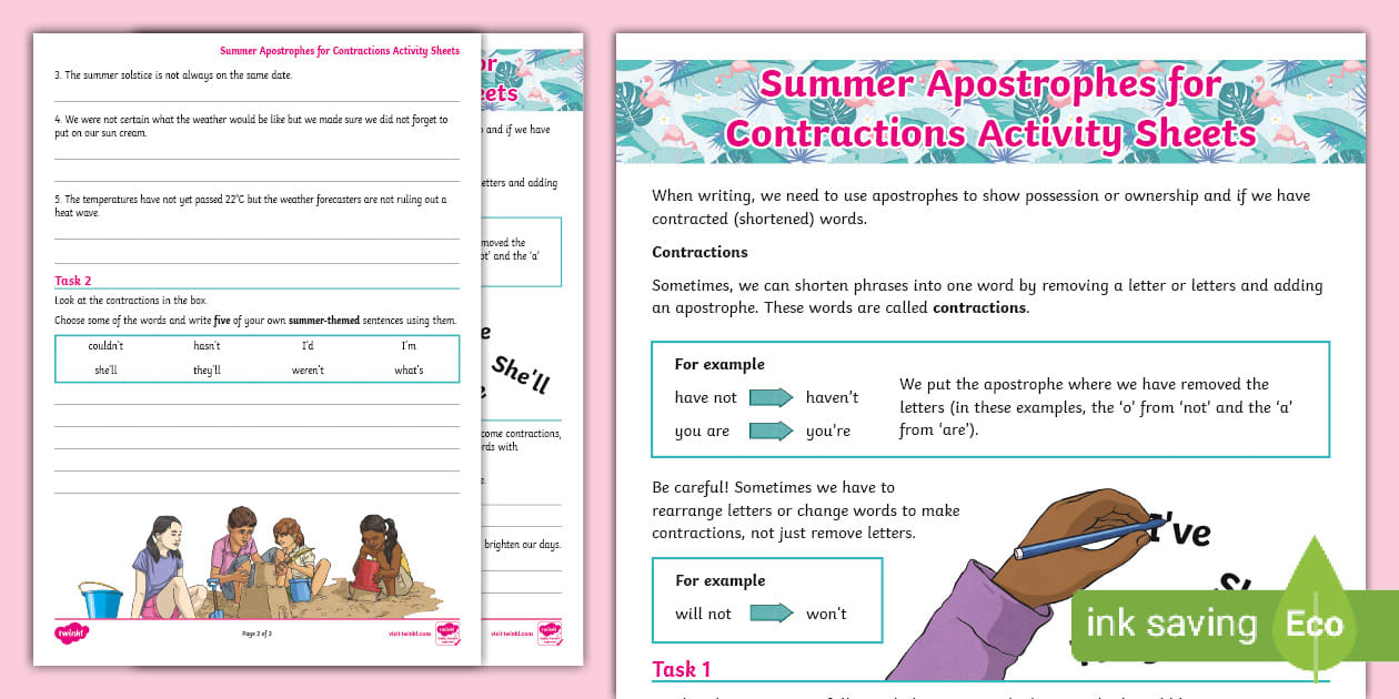 Summer Apostrophes for Contractions Activity Sheets - Twinkl