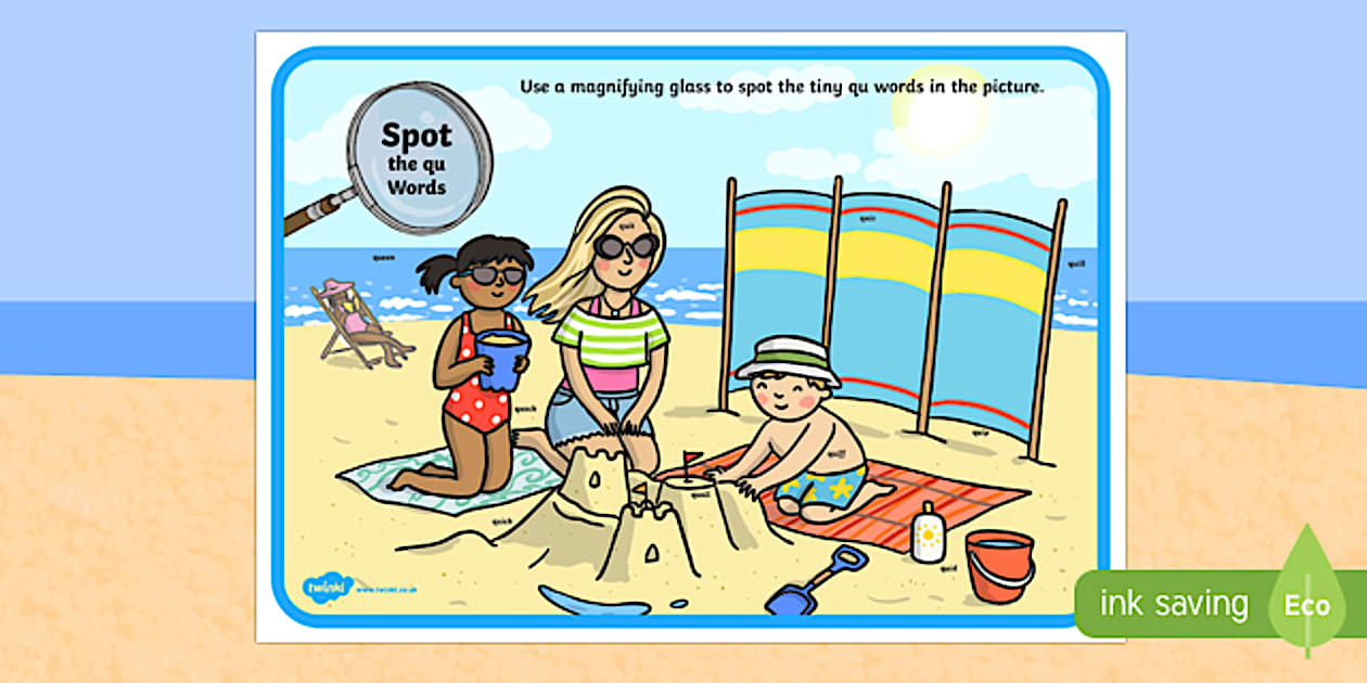 Black and White Phase 3 qu Words Beach Scene Magnifying Glass Worksheet
