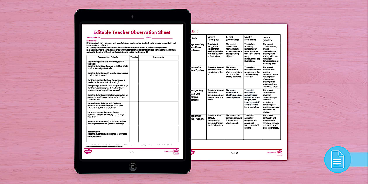 Grade 2 Fractions Editable Observation Sheet and Rubric