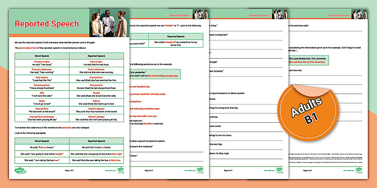 ESL Reported Speech Activity Sheet [Adults, B1] - Twinkl