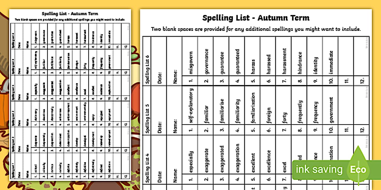 Editable Home Educators Spelling Lists Year 5 Autumn 2