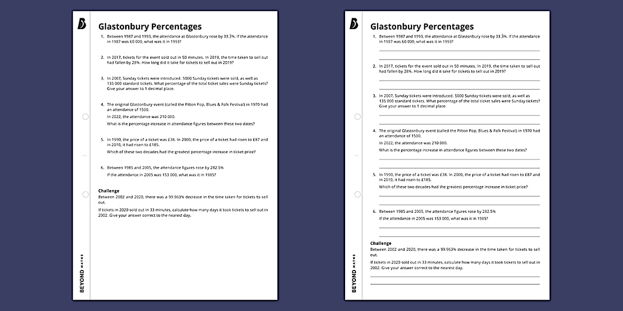 👉 Glastonbury Mixed Percentage Problems - Twinkl
