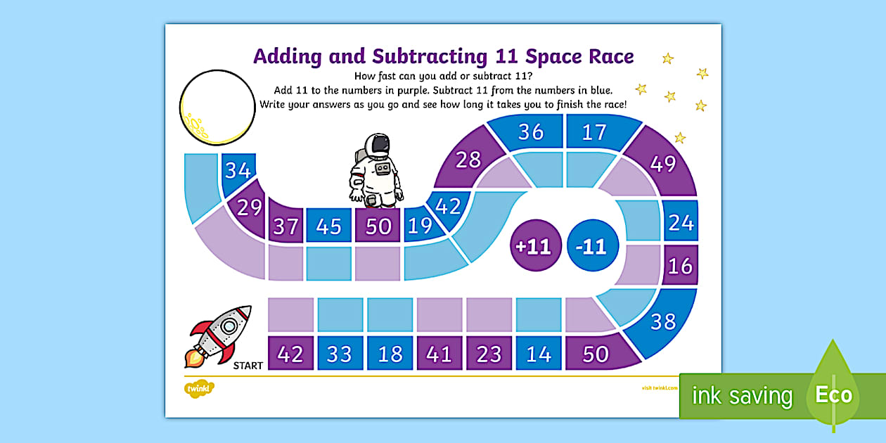 Adding and Subtracting 11 Race Worksheet (teacher made)