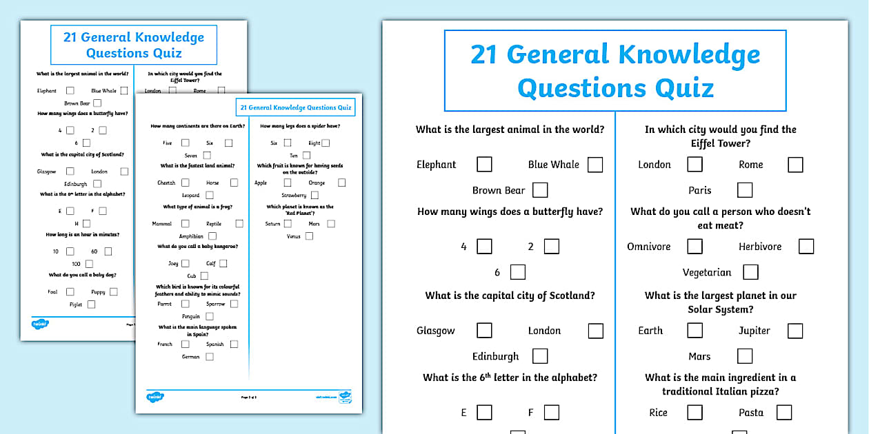 21 General Knowledge Questions Quiz (teacher made) - Twinkl