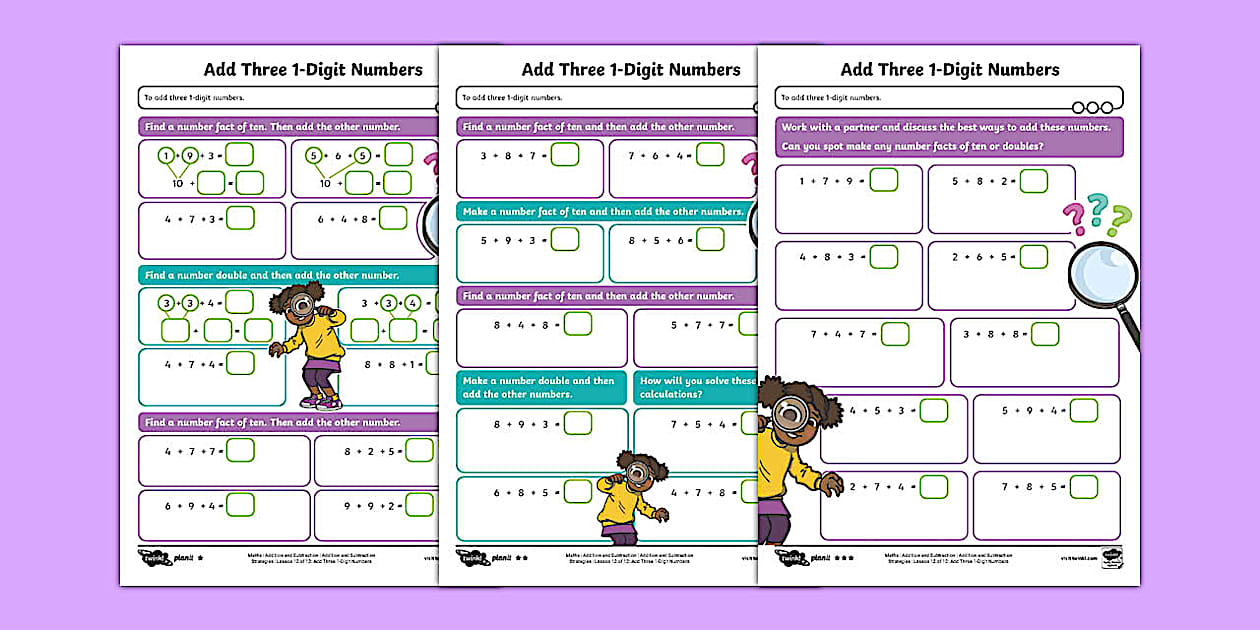👉 Add 3 1-Digit Numbers Worksheets - Twinkl