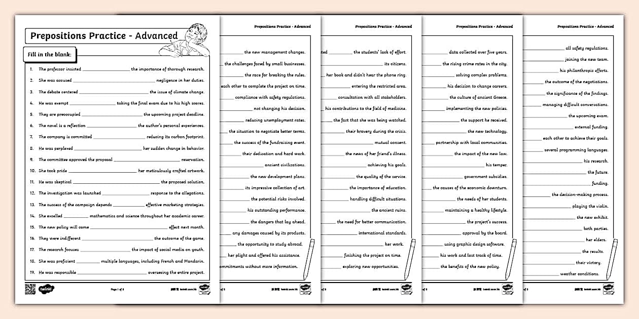 Prepositions Practice 100 questions - Advanced - Twinkl