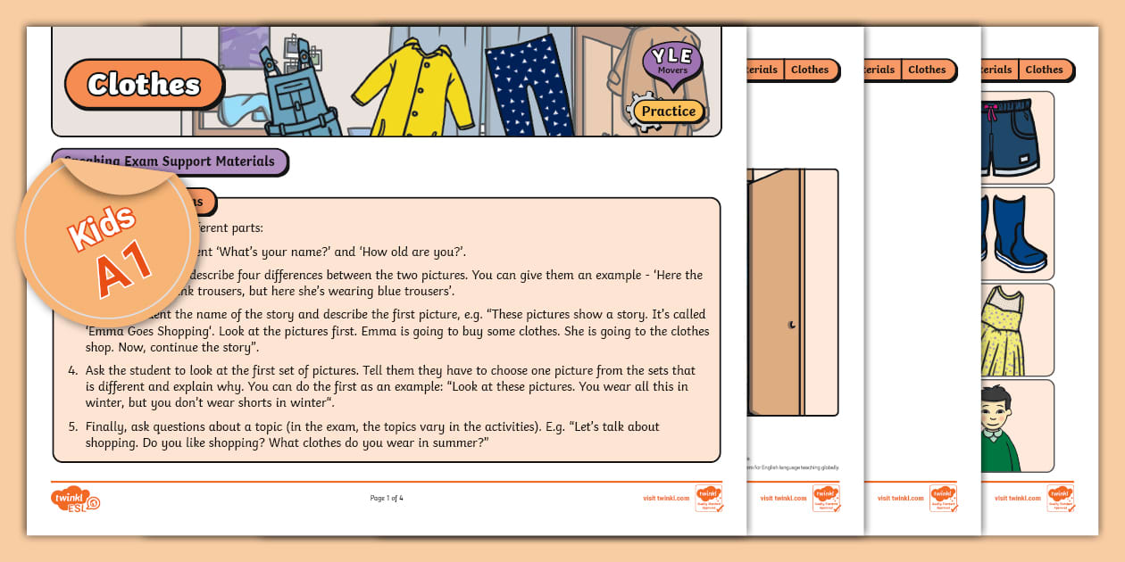 YLE Movers - Speaking - Practice Sheet (Clothes) [A1]