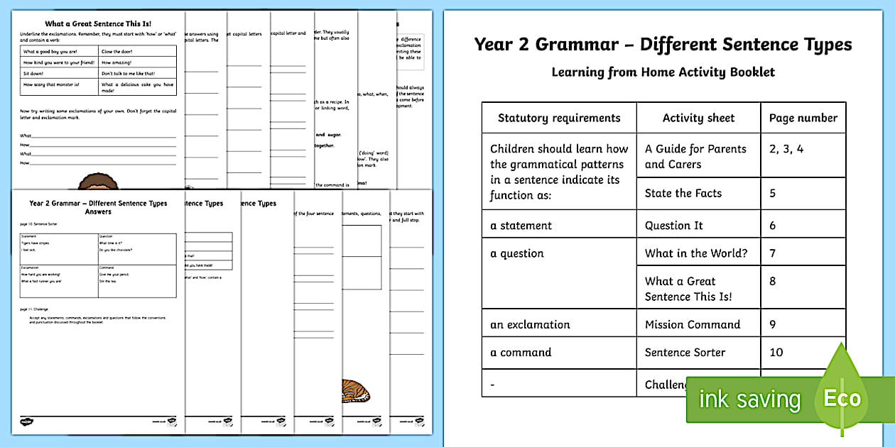 Editable Year 2 Grammar: Different Sentence Types Activity Booklet