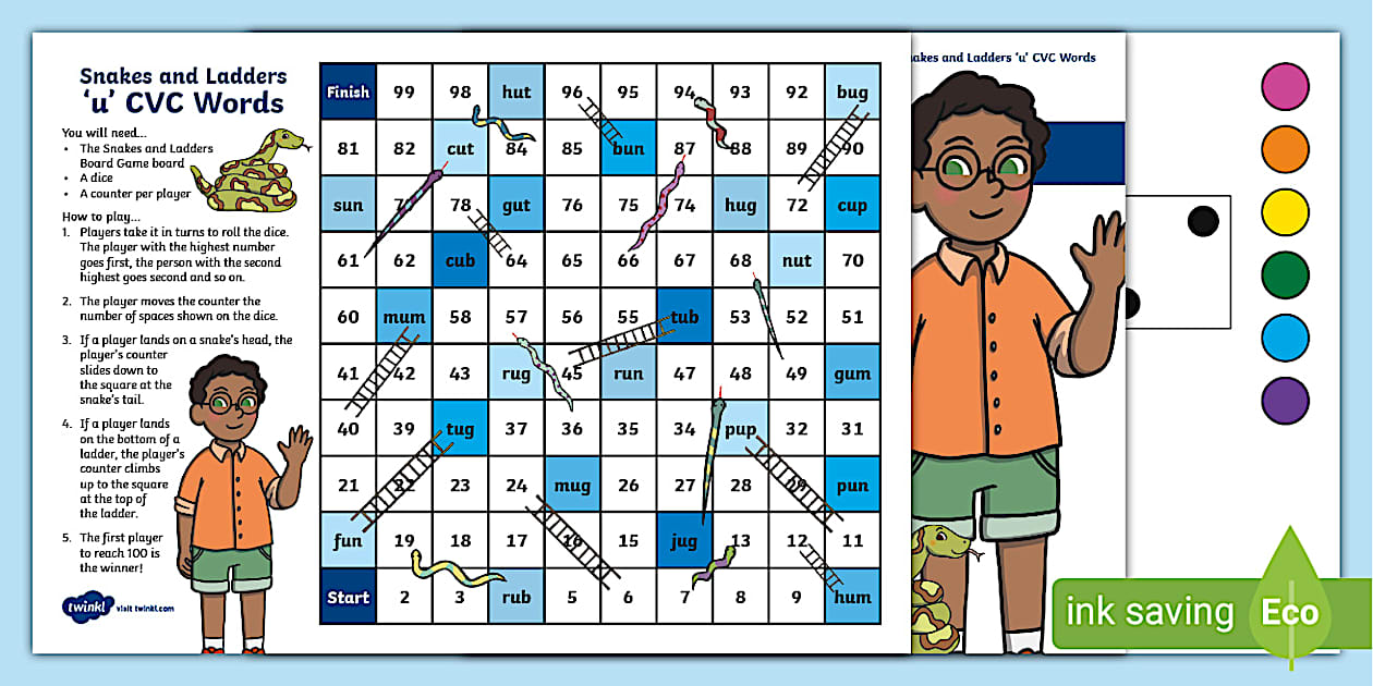 Snakes and Ladders 'u' CVC Words Board Game - Twinkl